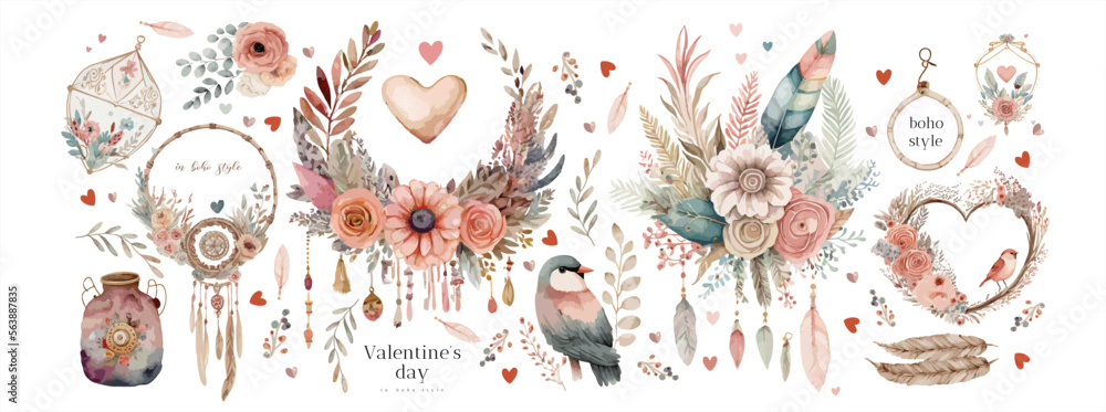 Happy Valentine's day in boho style. Vector cute watercolor ...