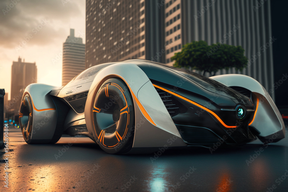 concept of futuristic electric car in the city, Generative AI Stock ...