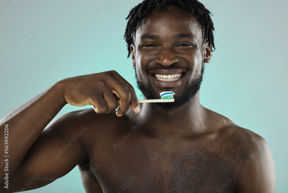Black man, face and toothbrush with smile in portrait, teeth whitening ...