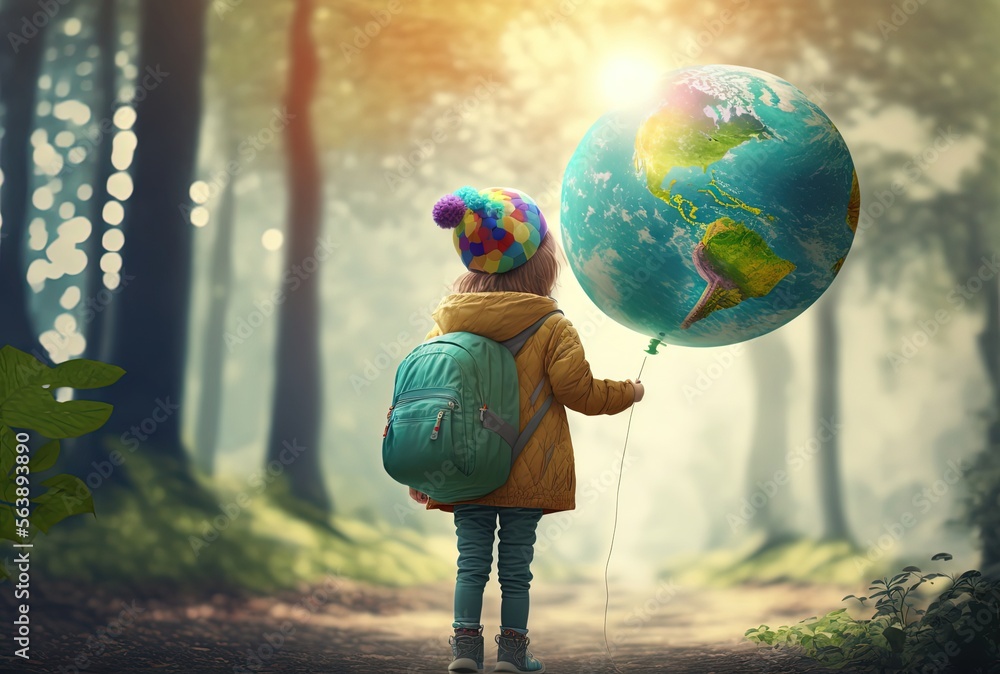 illustration of cute kid boy or girl with big earth planet balloon ...