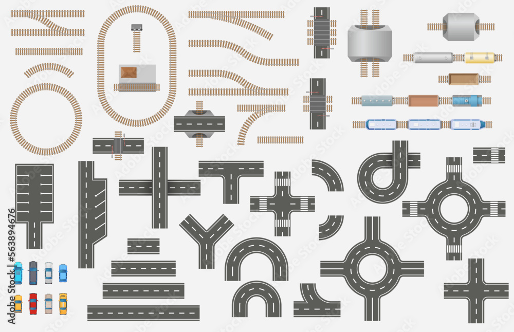Set of road and railway elements, trains and cars for city map top view ...