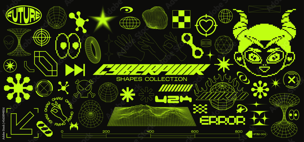Cyberpunk futuristic shape design elements. Large collection of ...