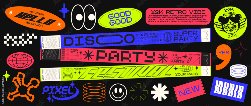 Collection of various patches, labels, tags, stickers, bracelet stamps ...