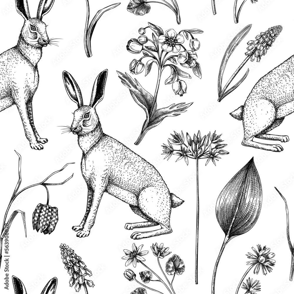 Hand-drawn hares background design. Vintage woodland flowers sketches ...