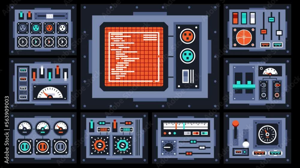 Hands on control panel with many elements, buttons and large screen ...