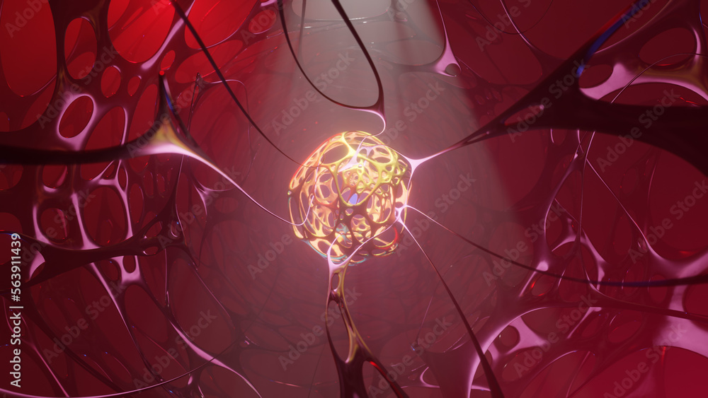 Abstract human neuron cell with axons and data calculation process in ...