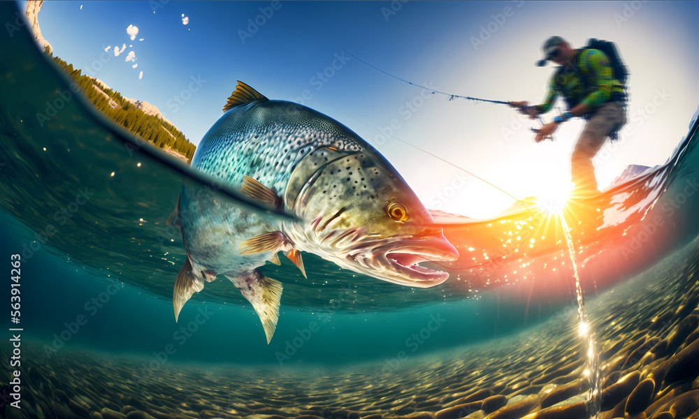 Fishing sport. Fisherman and fish trout with sunlight, underwater view ...