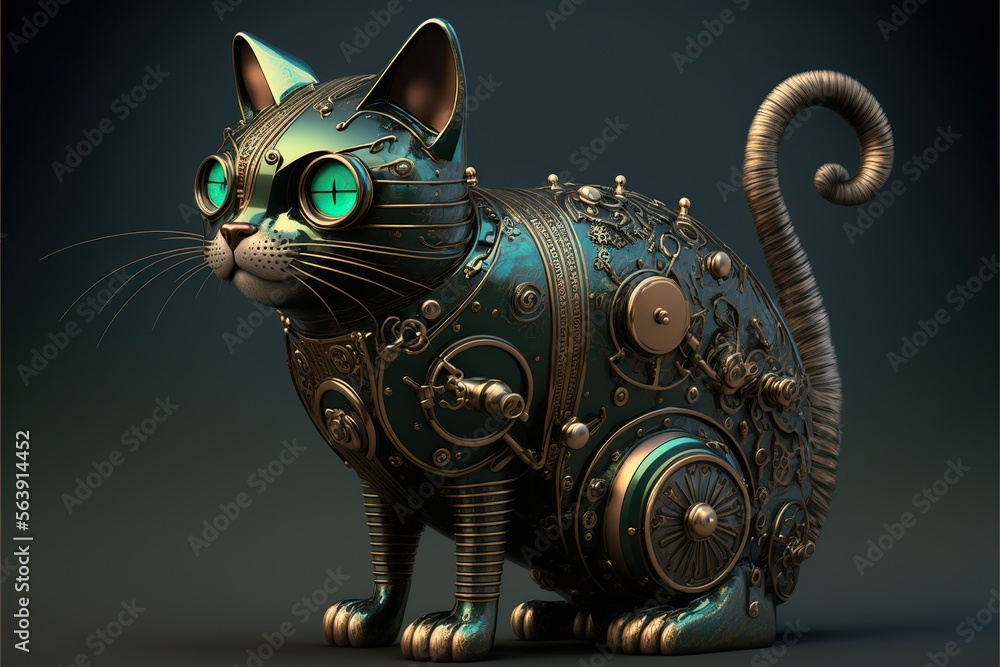 illustration of a steampunk robot cat grey background generative ai ...