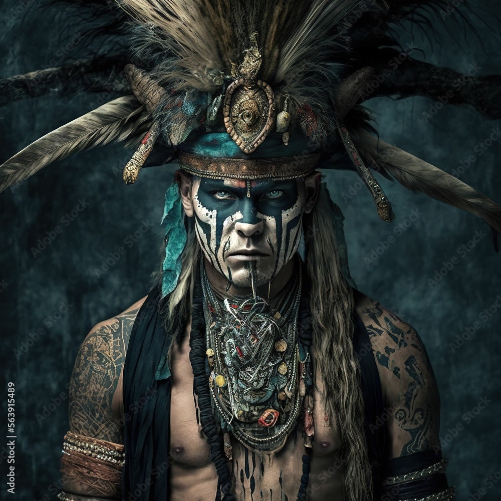 Powerful shaman with tattoo, Indian chief ,not a real person, made with ...