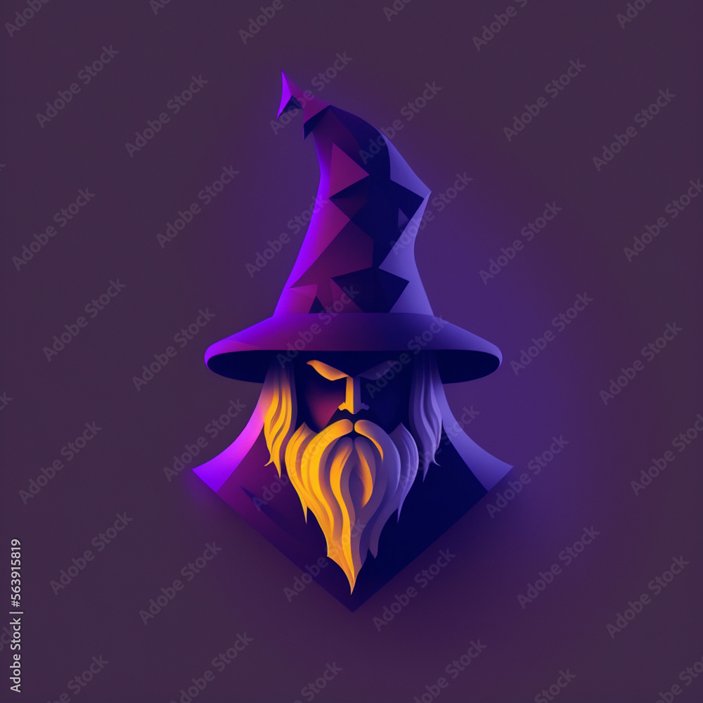 purple magician avatar logo on purple background with big wizard hat ...