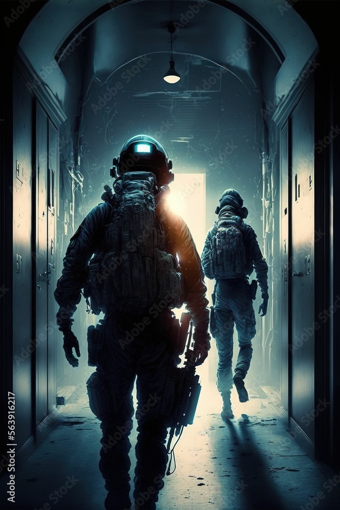 SWAT team in full riot gear patrolling the city ,made with Generative ...