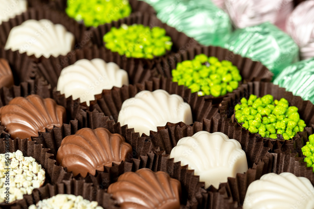 Chocolate. Fine chocolate varieties with white, dark and milk chocolate ...