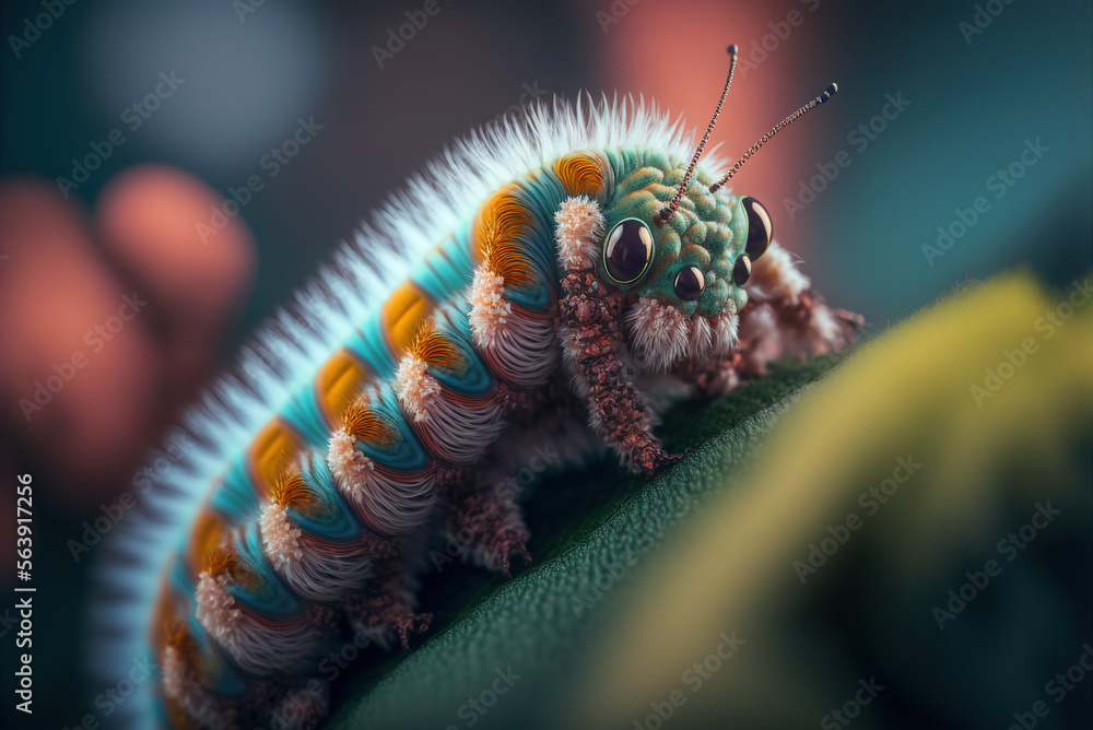 Cute beautiful caterpillar in nature, closeup, macro, generative ai ...