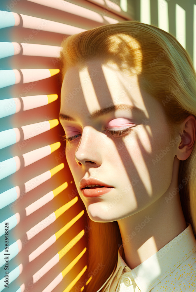 Portrait of a young beautiful girl with blond hair, whose face is ...