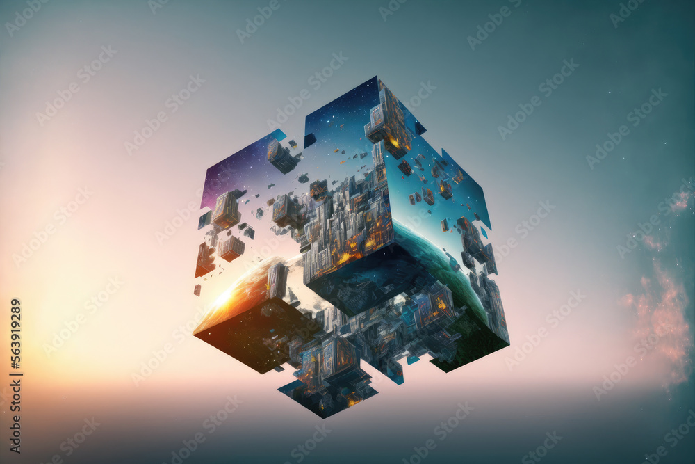 Abstract multiverse world with cubic landscape of nature and city ...