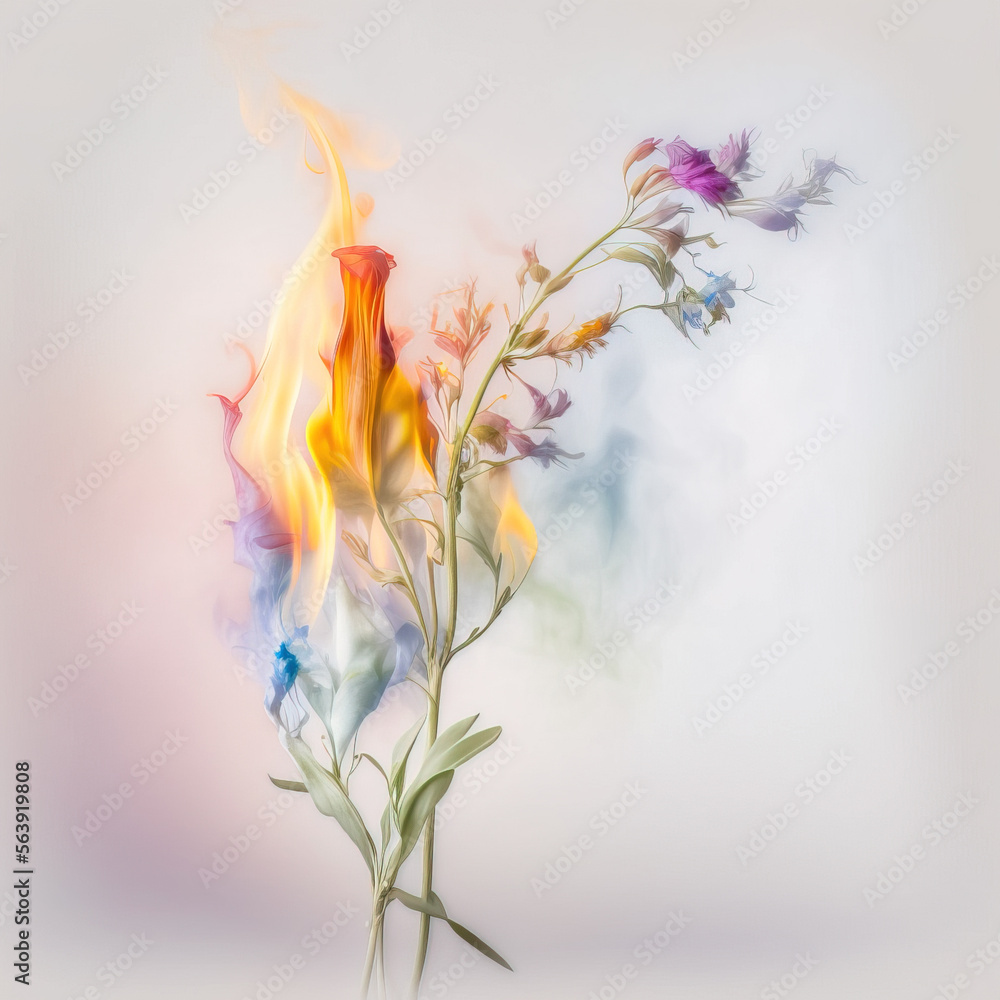 Soft pastel Spring background, fresh field flowers in fire flame of ...