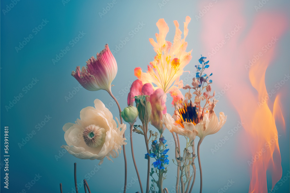Soft pastel Spring background, fresh field flowers in fire flame of ...