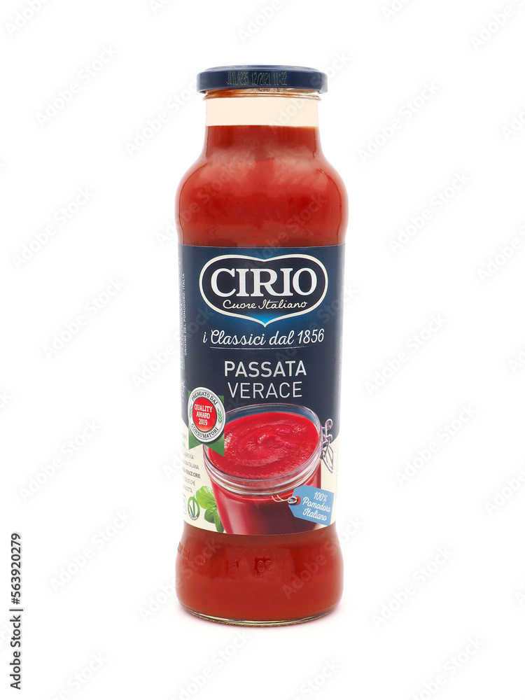 ROME, ITALY - JANUARY 23, 2023. Glass bottle of Cirio sieved tomatoes ...