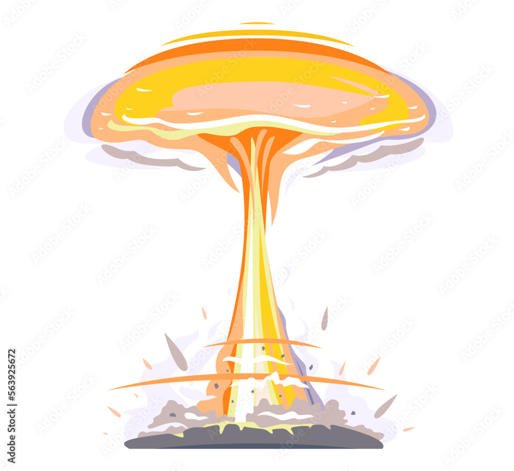 One big cartoon bomb explosion on ground with shrapnel and fireball ...