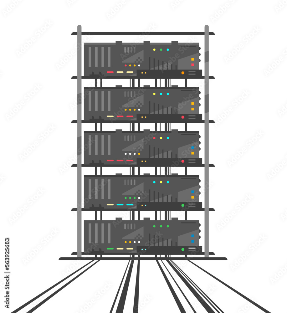Rack of simple network servers in data center in front view with many small colored buttons in ...