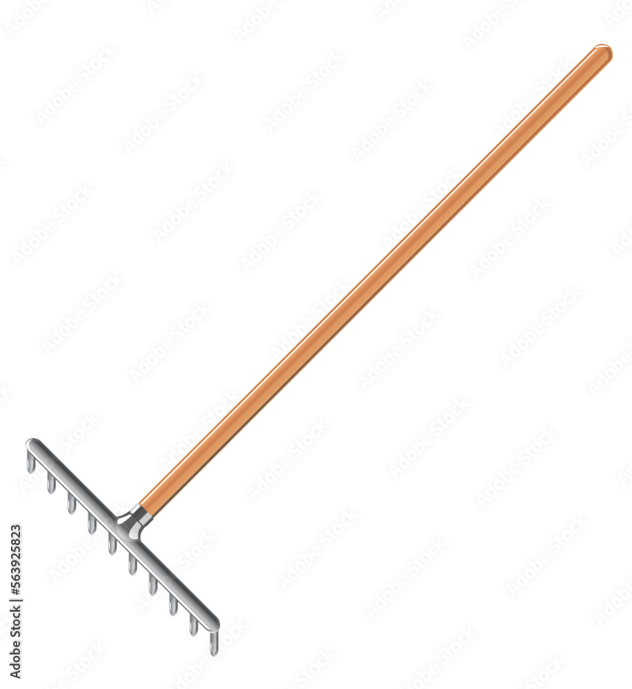 One metal garden rake with long wooden handle and many teeth isolated ...
