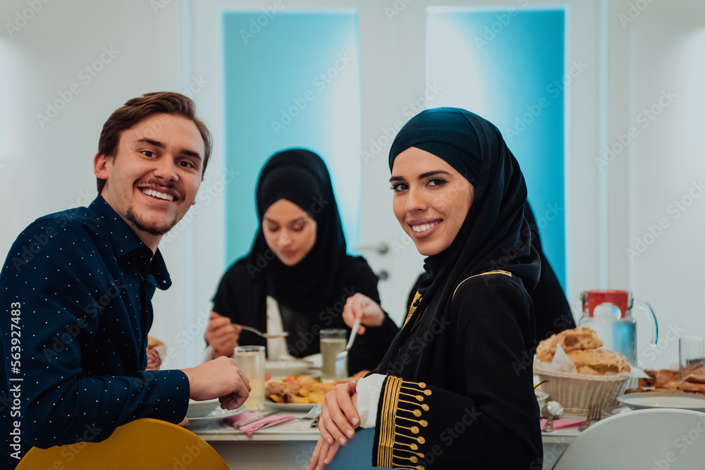 Eid Mubarak Muslim family having Iftar dinner taking pictures with ...
