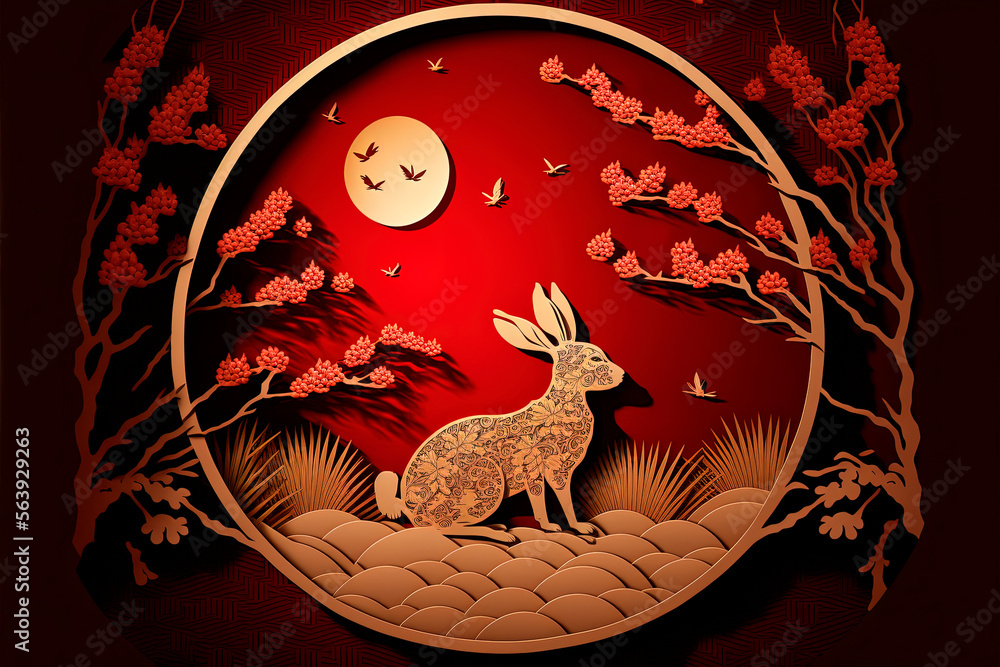 Chinese new year wallpaper with golden rabbit and asian landscape on ...