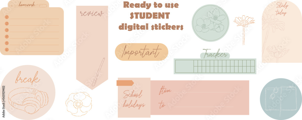 Student's digital stickers. Digital note papers and stickers for ...