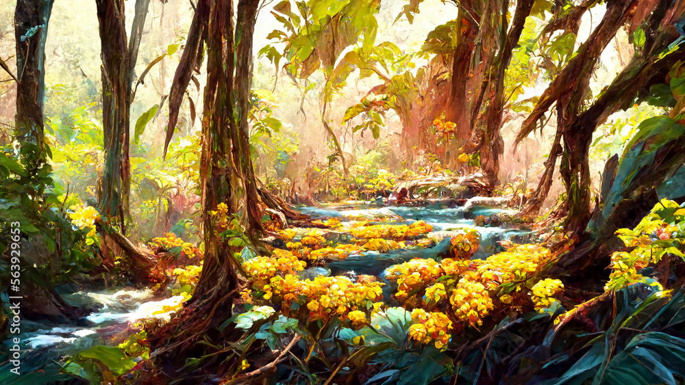 forest Mayan style riverside flowers and trees illustration art ...