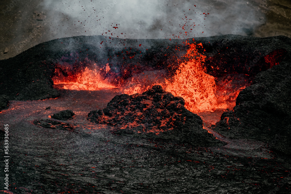 Volcano bursting with hot lava Stock Photo | Adobe Stock