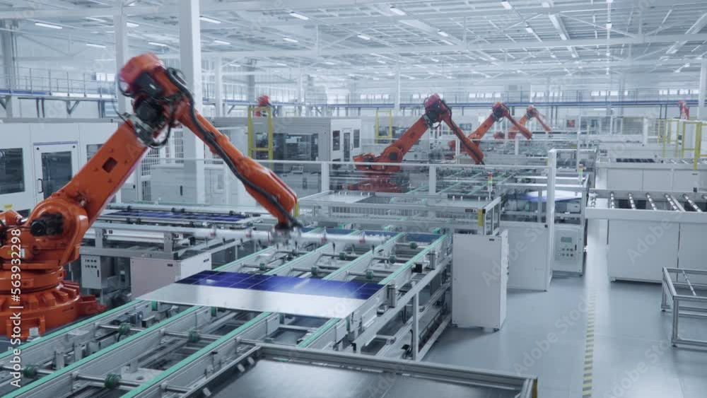 Time-lapse of Automated Solar Panel Production Line. Orange Industrial ...