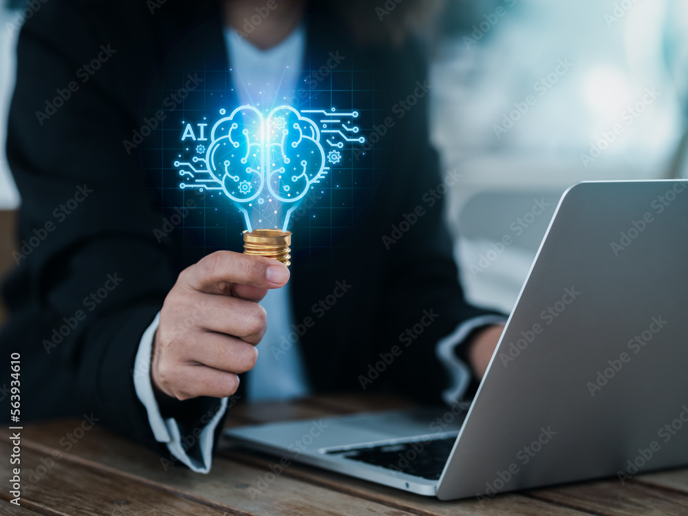 Artificial intelligence technology concept. Glow digital light bulb ...