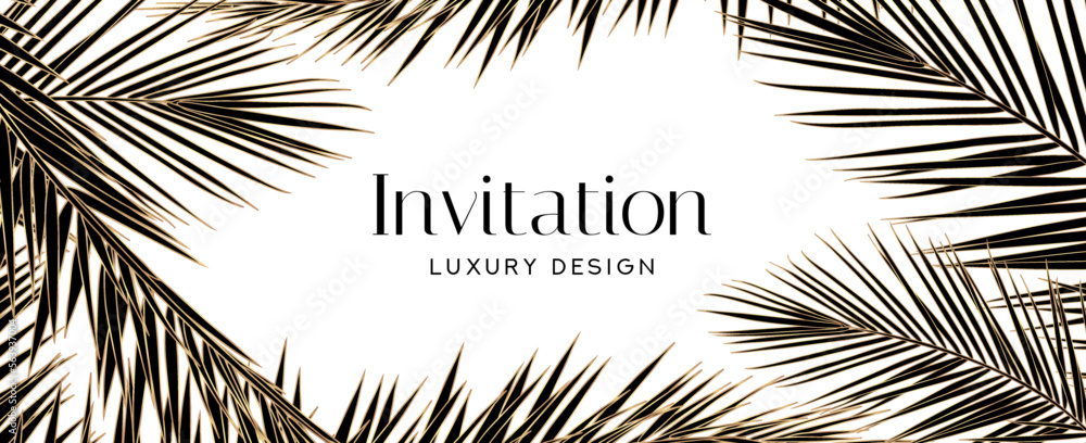 Tropical invitation card with line palm leaf pattern (gold palm tree ...