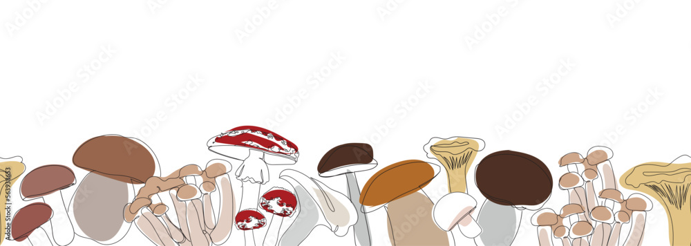 Seamless border different types of mushrooms in single continuous line ...