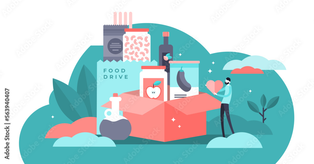 Food drive illustration, transparent background. Flat tiny grocery ...