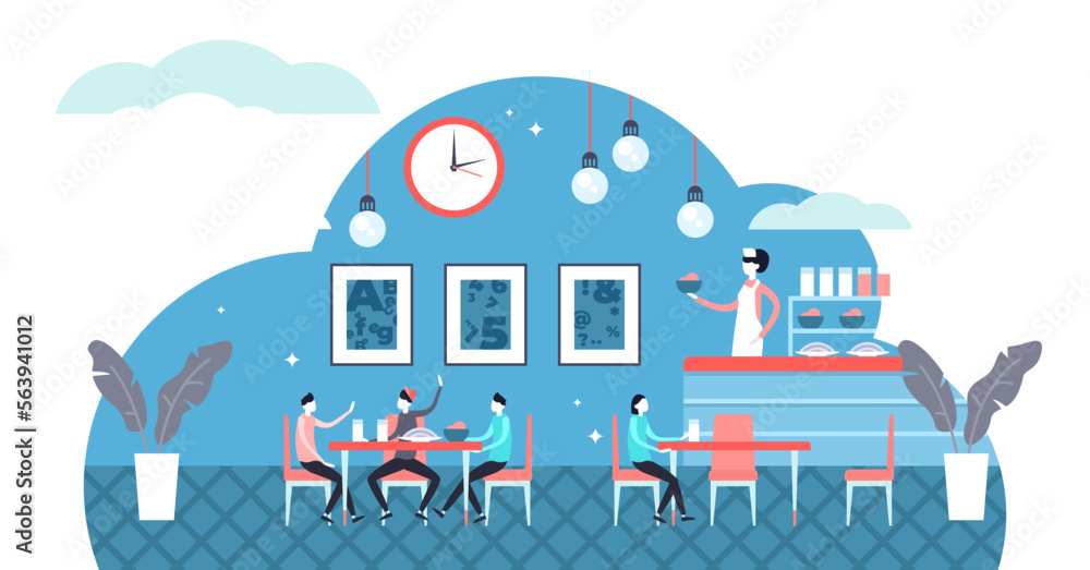 School cafe illustration, transparent background. Flat tiny pupil ...