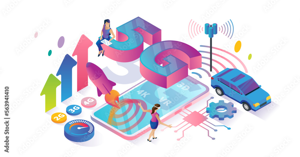 5G speed isometric cyberspace and tiny persons concept illustration ...