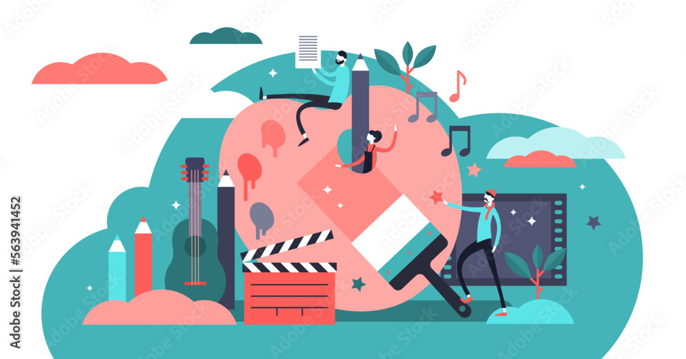 Arts illustration, transparent background. Flat tiny music, literature ...