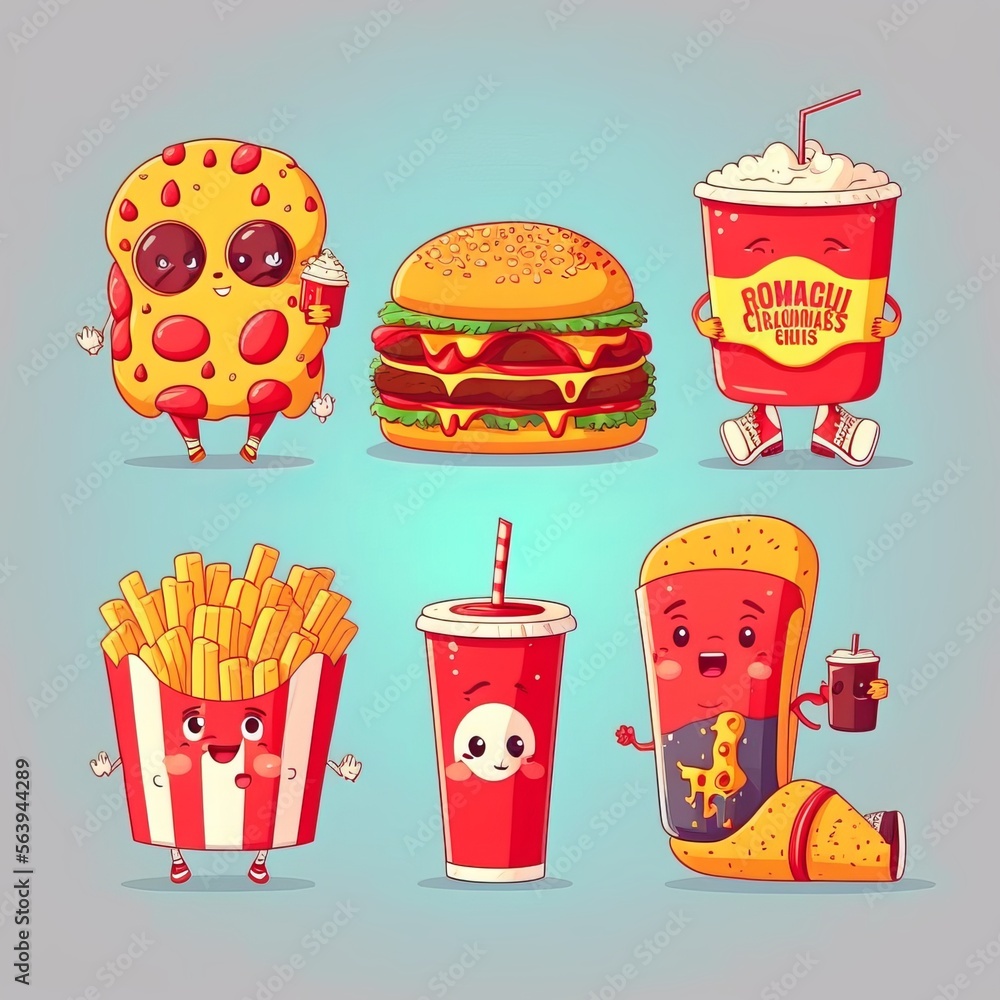 Cute cartoon fast food characters Stock Illustration | Adobe Stock