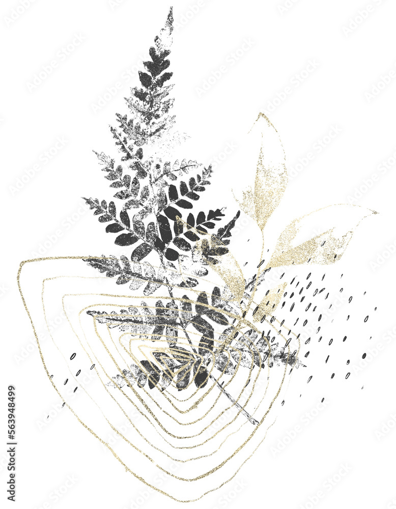 Dark gray fern twig and leaves stamp technique style. Golden sparkle ...