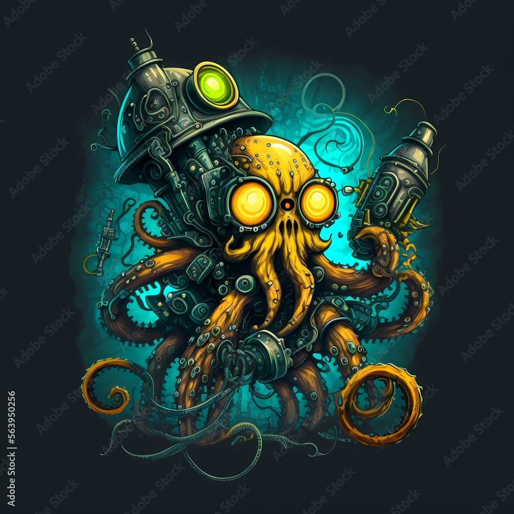 Octopus character Illustration,with steampunk attributes style design ...