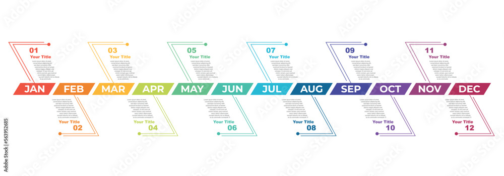 Monthly Timeline presentation for 1 year, Timeline infographics design ...