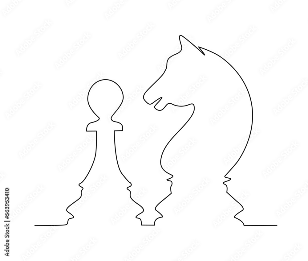 Continuous one line drawing of chess knight and pawn. Simple chess pawn ...