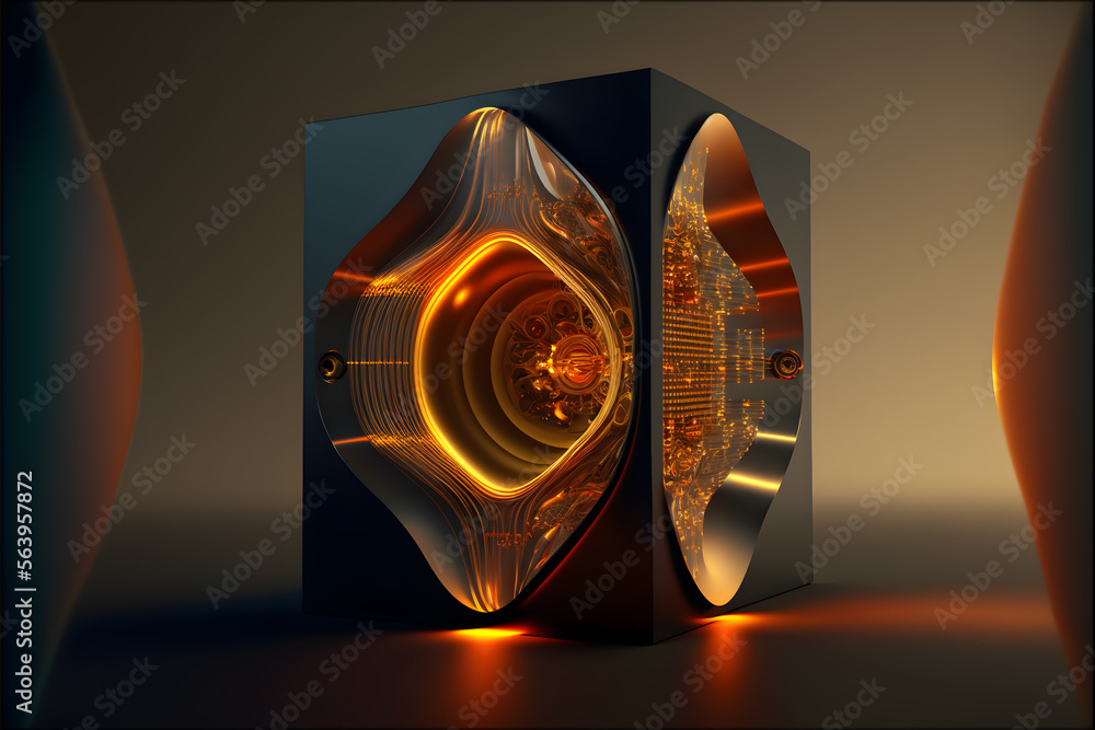 AI illustration of a futuristic black subwoofer sculpture with ominous ...