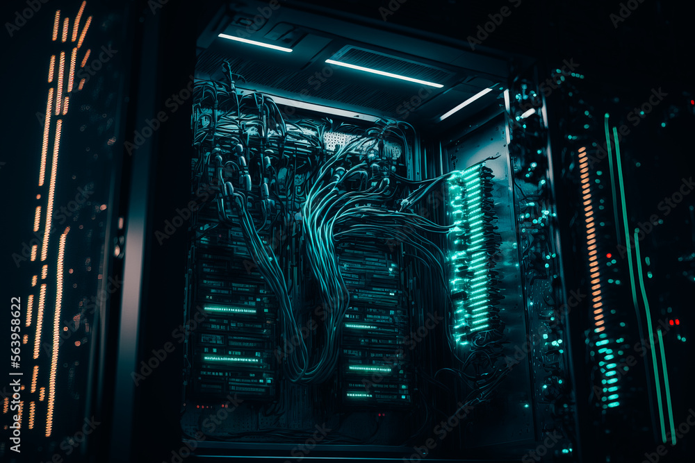A server, with multiple cables and wires connected to it, highlighting ...