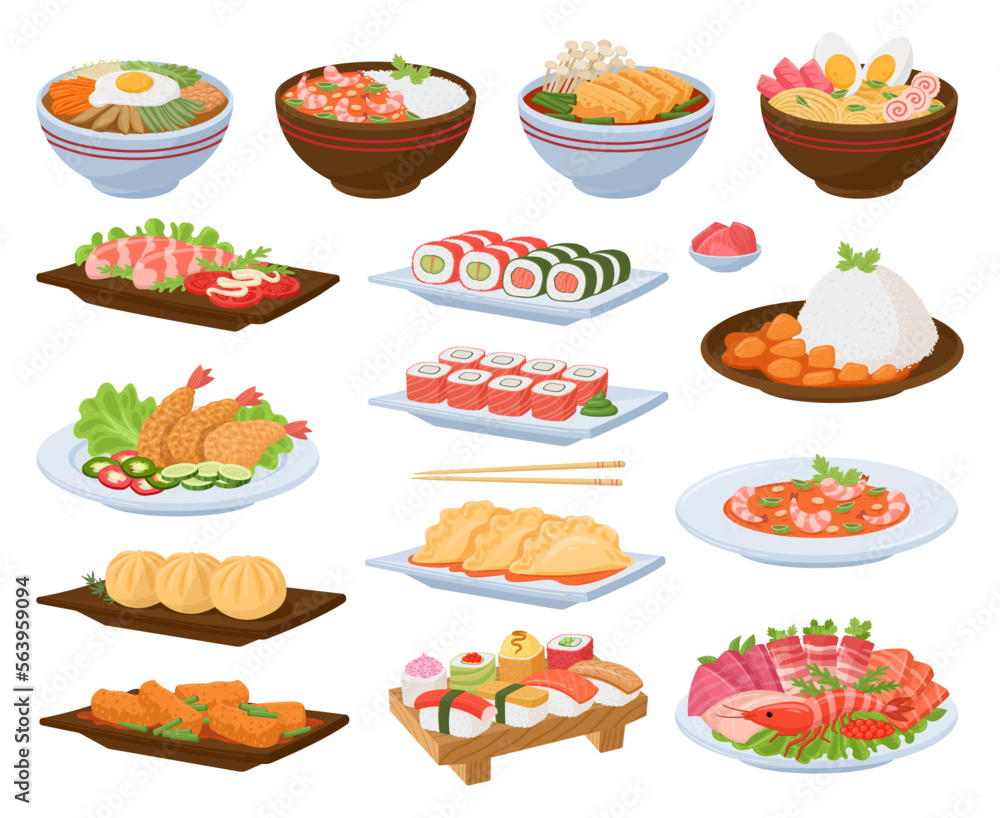 Cartoon asian food dishes. Japanese seafood, traditional asian cuisine ...