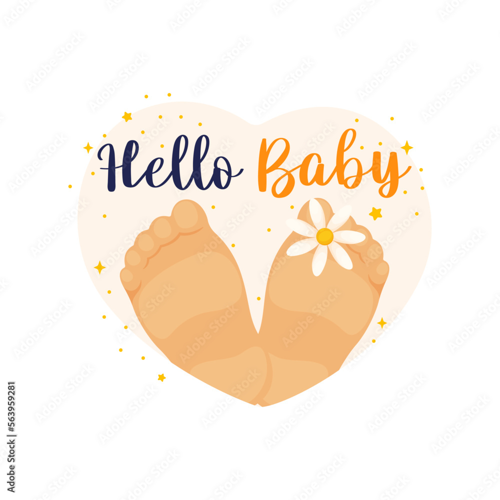 Postcard for newborns with text hello baby. Baby little feet with ...