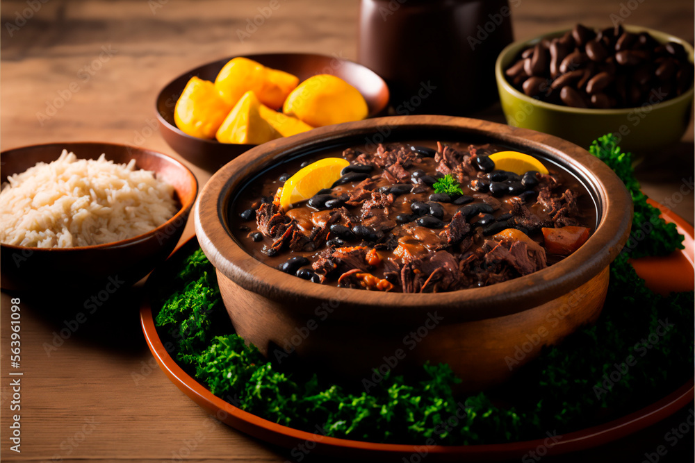 feijoada traditional brazilian food, with typical side dishes, ai ...