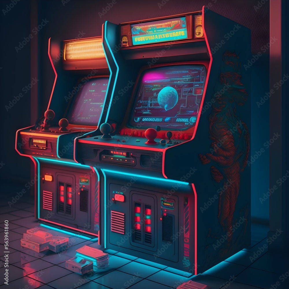 Old Vintage Arcade Video Games in a dark game room with blue light ...