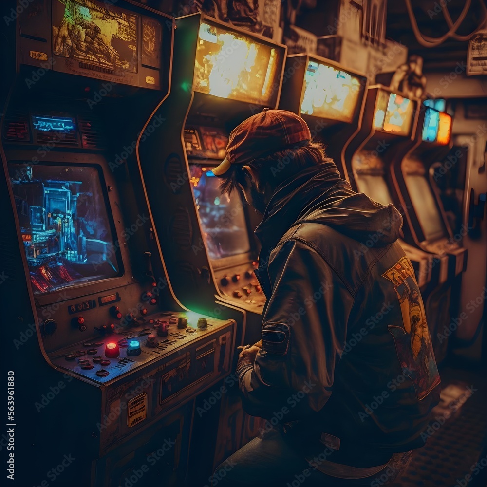 Old Vintage Arcade Video Games in a dark game room with blue light ...